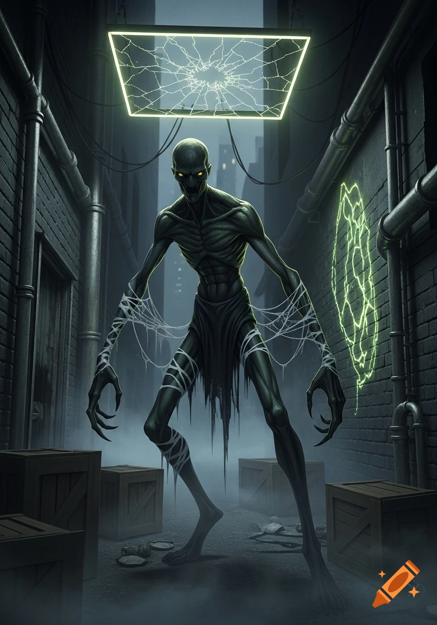 A gaunt, pale-green monster with glowing yellow eyes and sharp claws ...