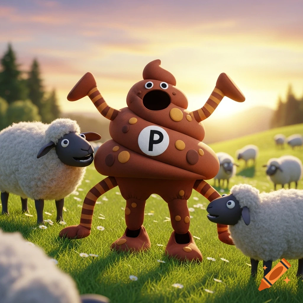 A cartoonish brown poop-shaped character with a 'P' on its body stands ...