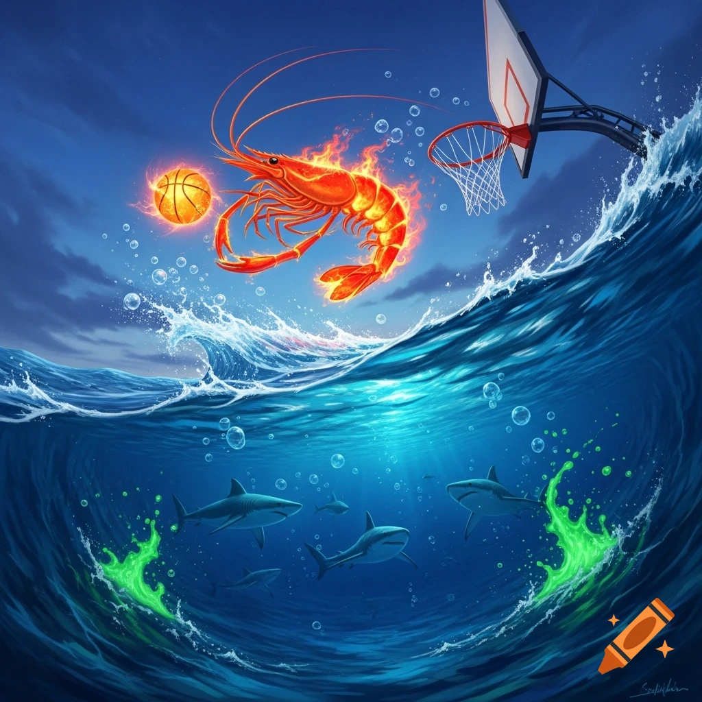 Vibrant illustration of a flaming shrimp leaping from the ocean to dunk ...