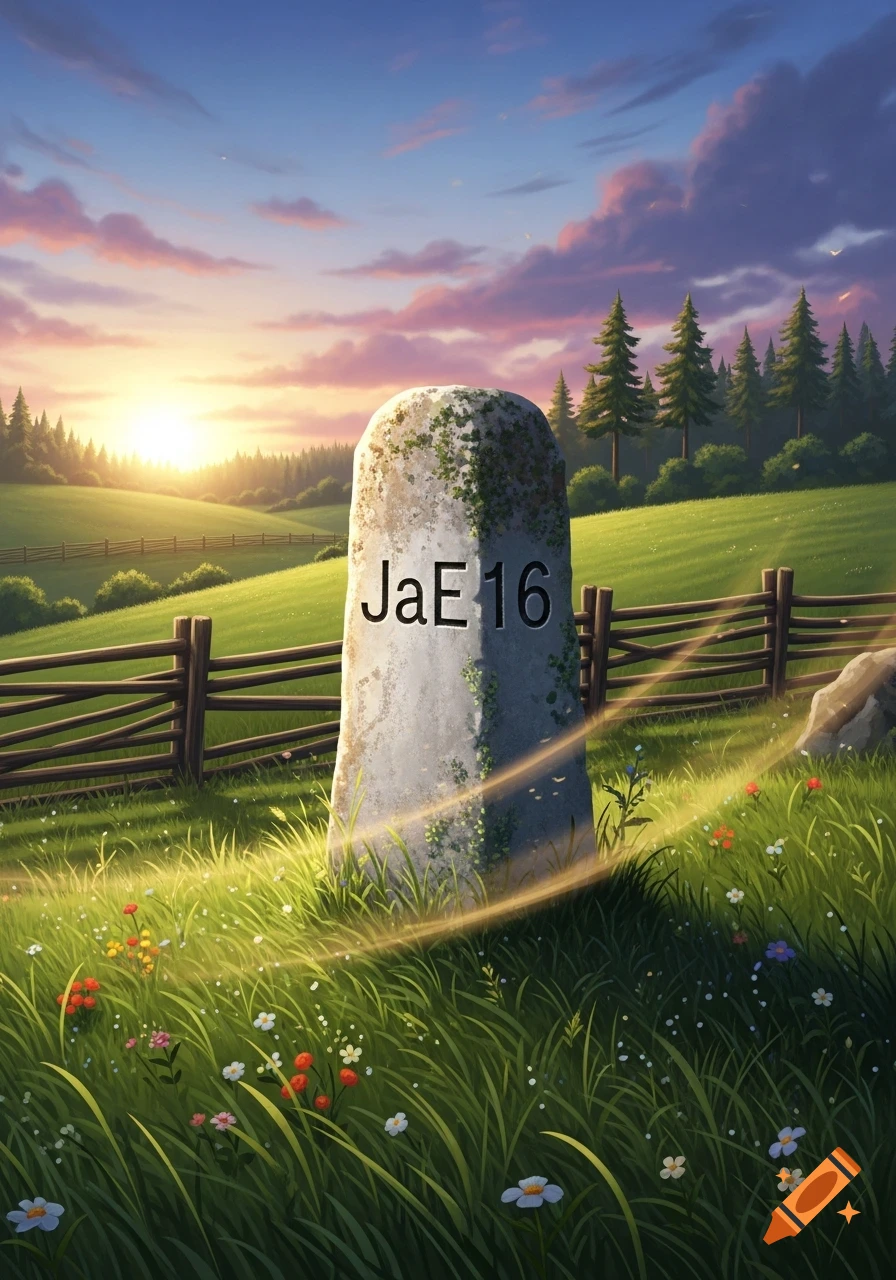 Illustrative landscape of a stone milestone with 'JaE 16' in a vibrant ...