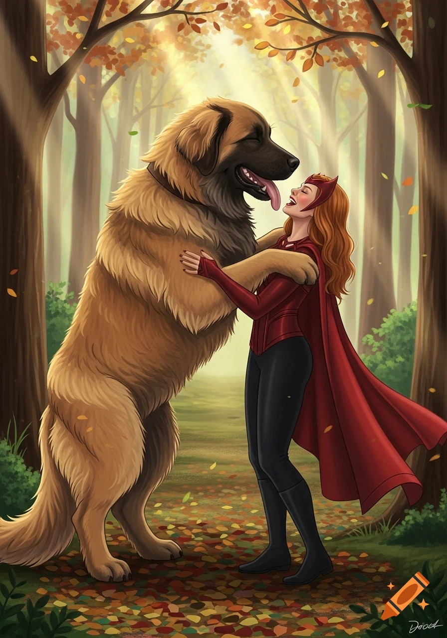 Illustrated Scarlet Witch happily hugs a large Leonberger dog that ...