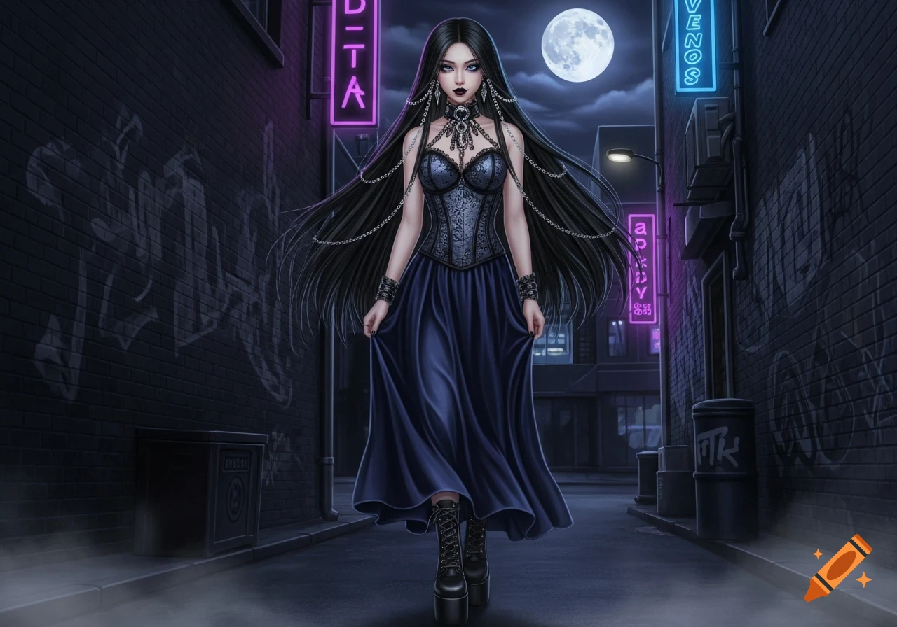 A goth girl with long black hair, a corset, and a long skirt walks down ...