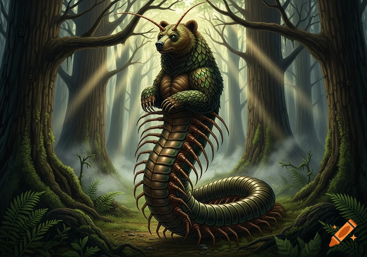 A green-scaled centipede bear with a brown furry upper body rears up in ...