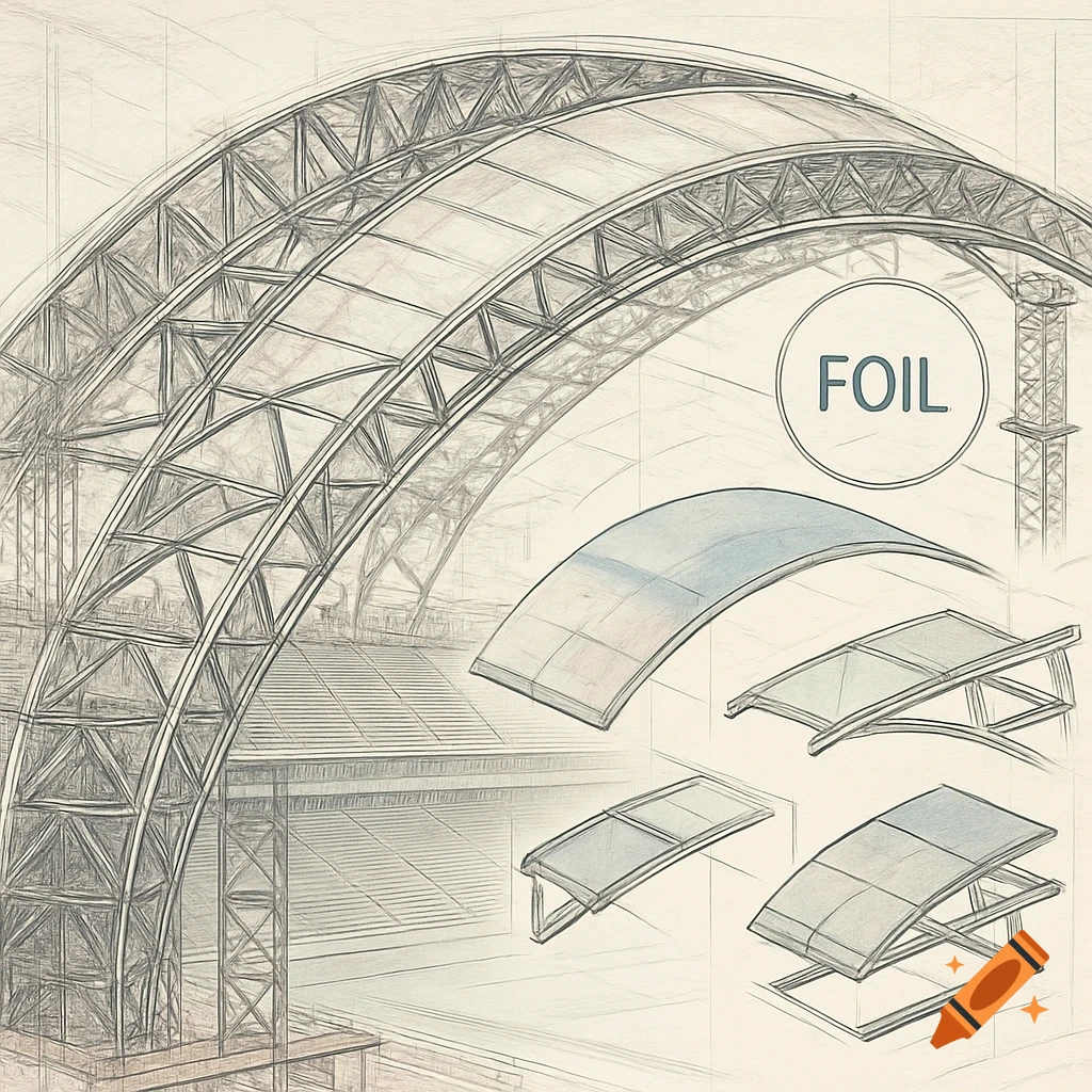 Architectural sketch of an arched building structure with detailed roof ...