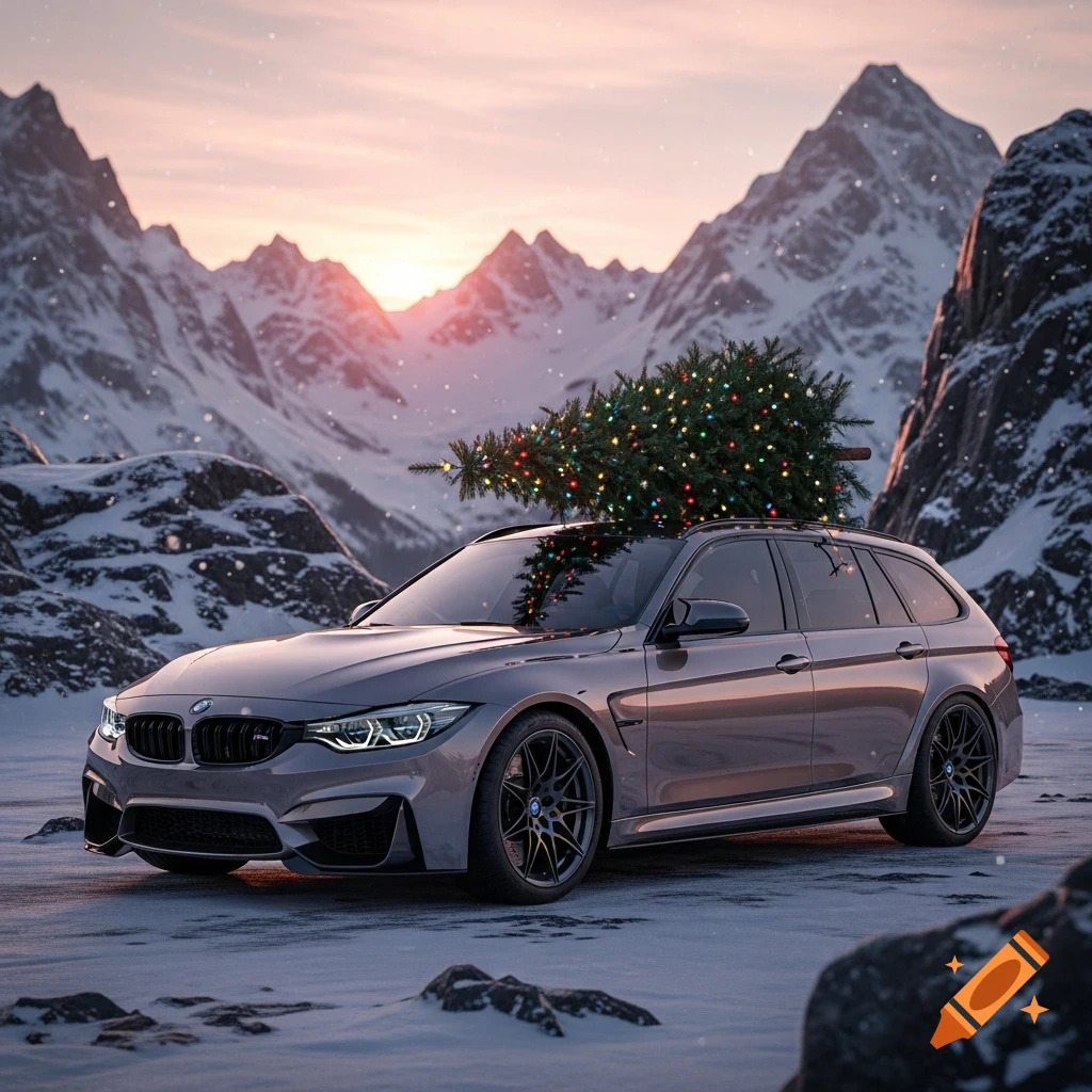 Photorealistic grey BMW M3 Touring wagon with a decorated Christmas ...