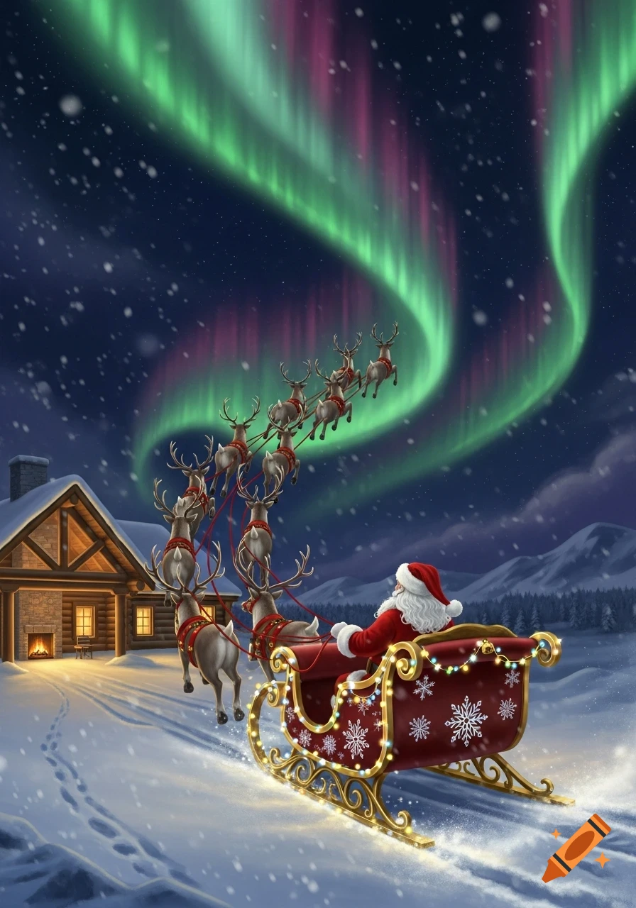 Santa in his sleigh, pulled by reindeer, taking off from a snowy cabin ...