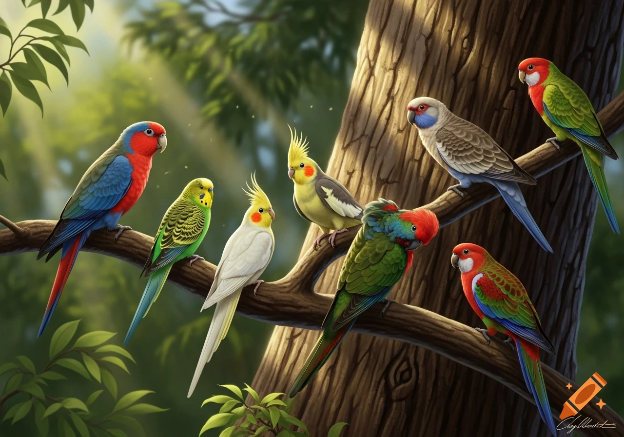 Seven colorful parrots and cockatiels perched on a thick tree branch in ...