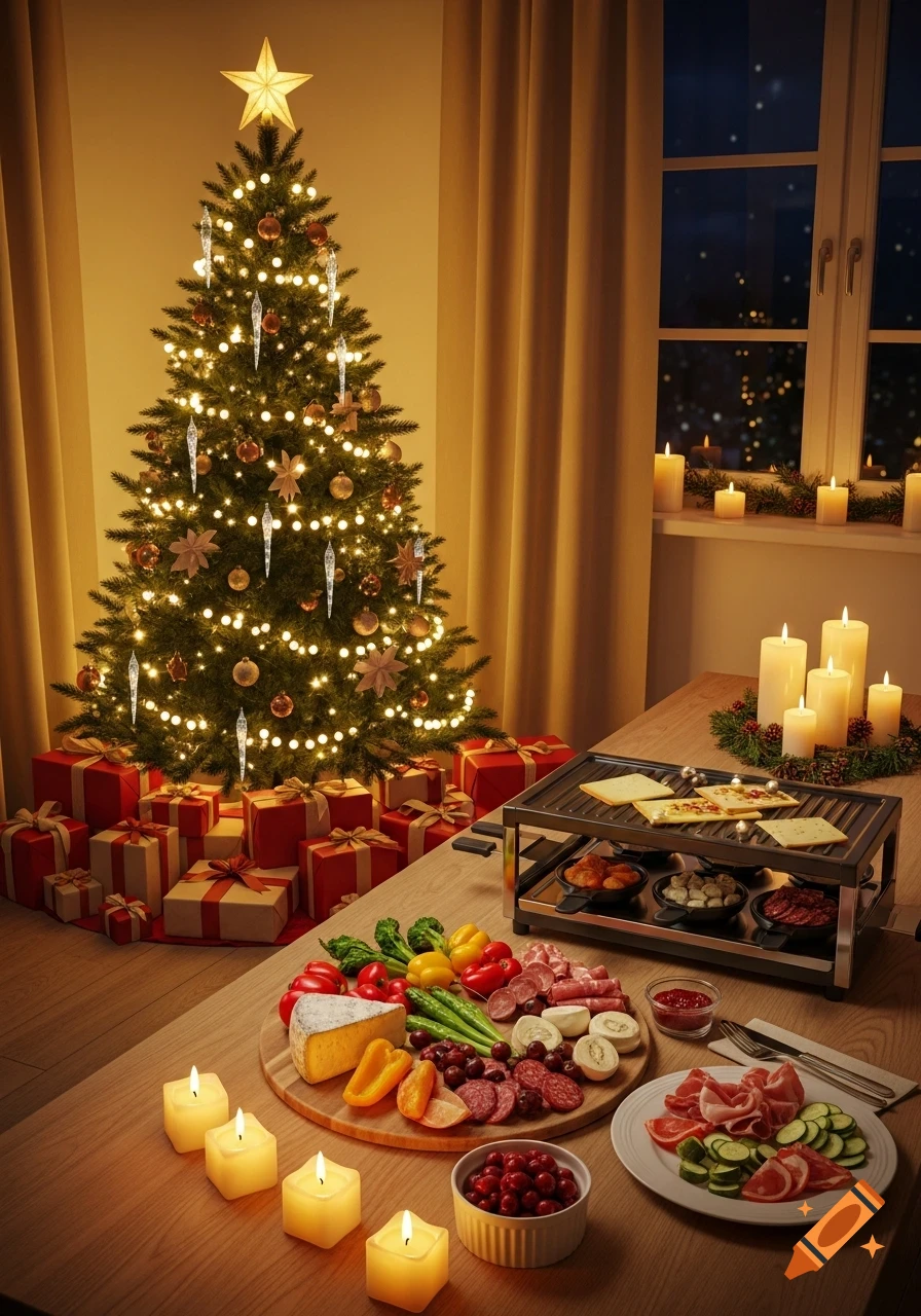 A festive Christmas Eve dinner table with a raclette grill, various ...