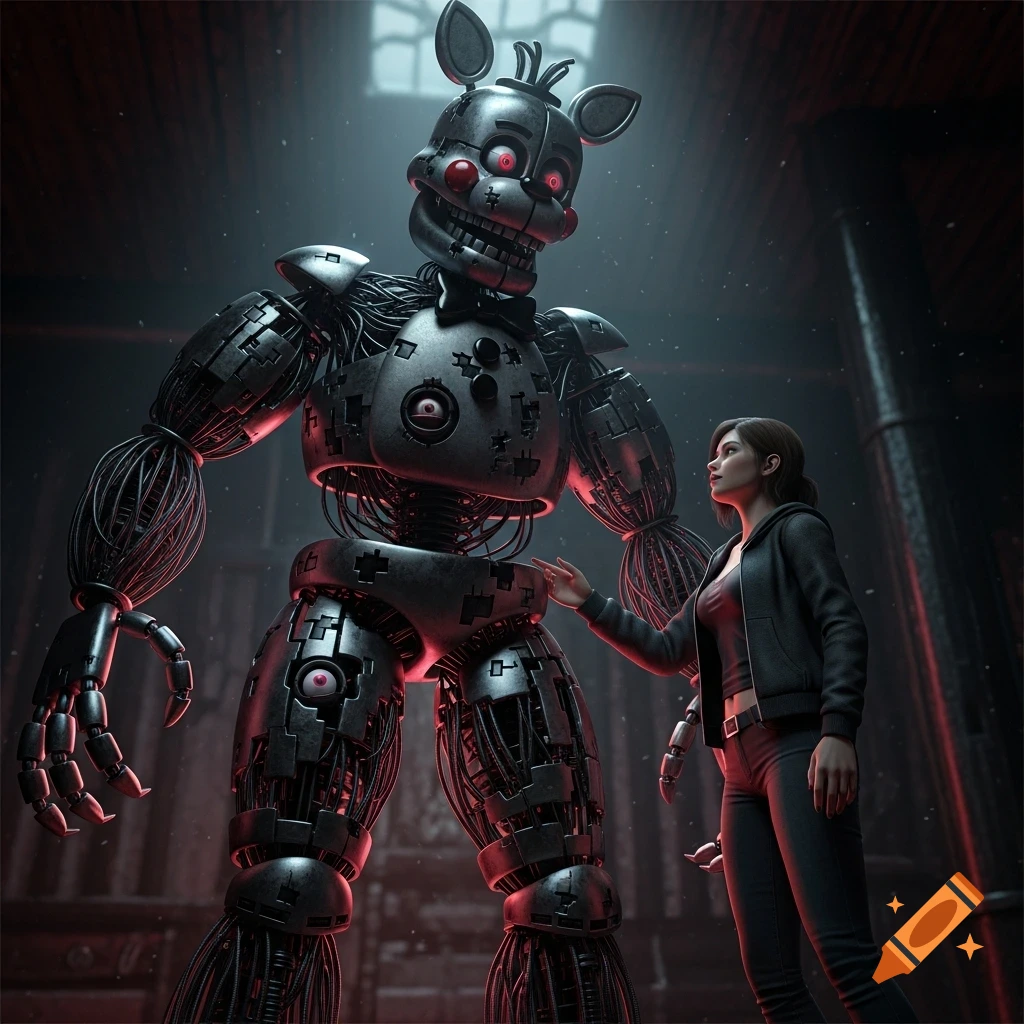 A woman reaches out to touch a towering, menacing animatronic robot ...