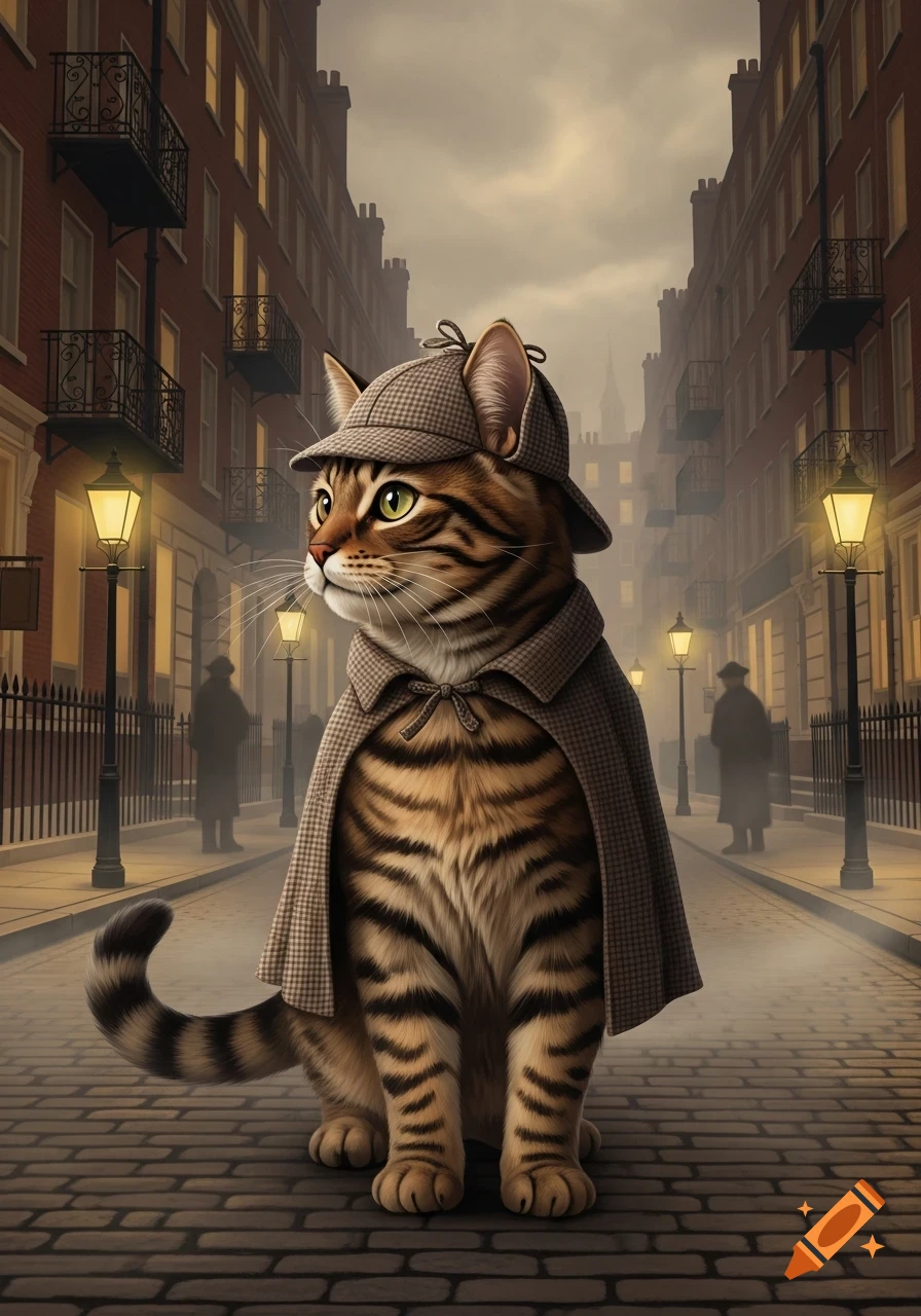 A brown tabby cat dressed as Sherlock Holmes with a deerstalker hat and ...