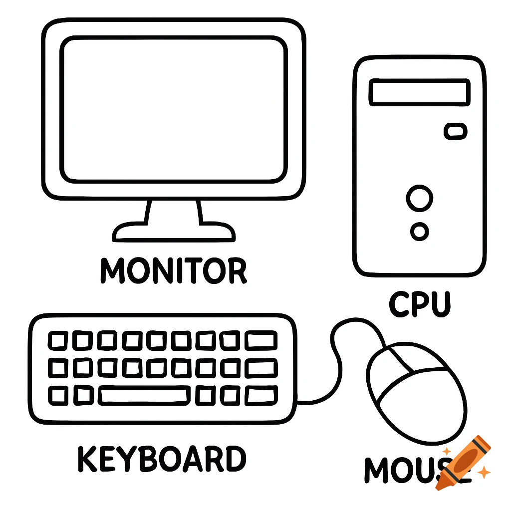 Black and white line drawing of computer components: monitor, CPU, keyboard, and mouse, each ...