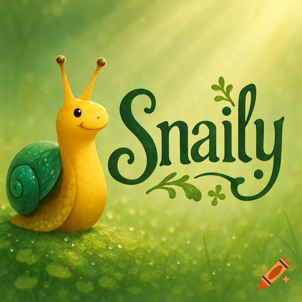 A cute yellow cartoon snail with a green shell sits on dewy green grass ...
