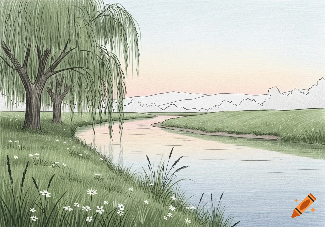A colored sketch illustration of a winding river through a grassy ...