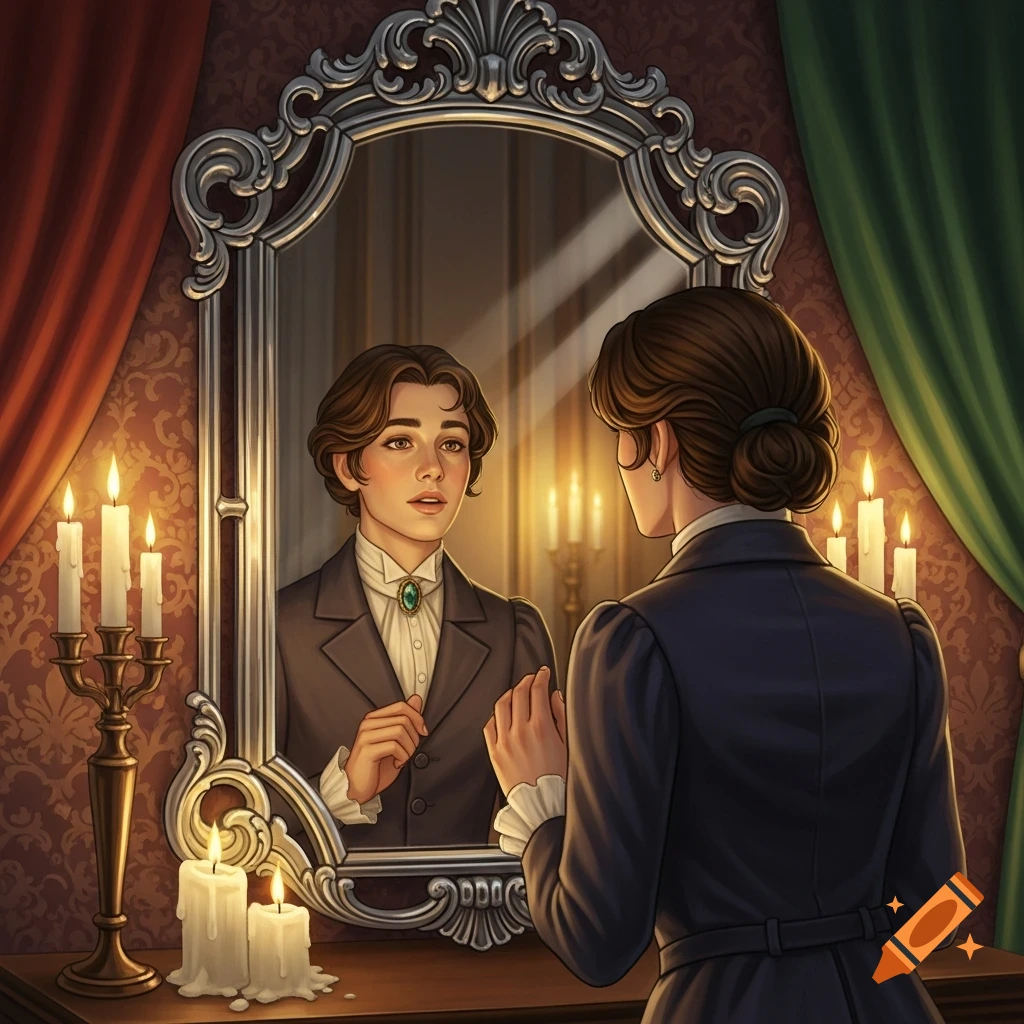 An illustration of a woman in a period dress looking at her reflection ...