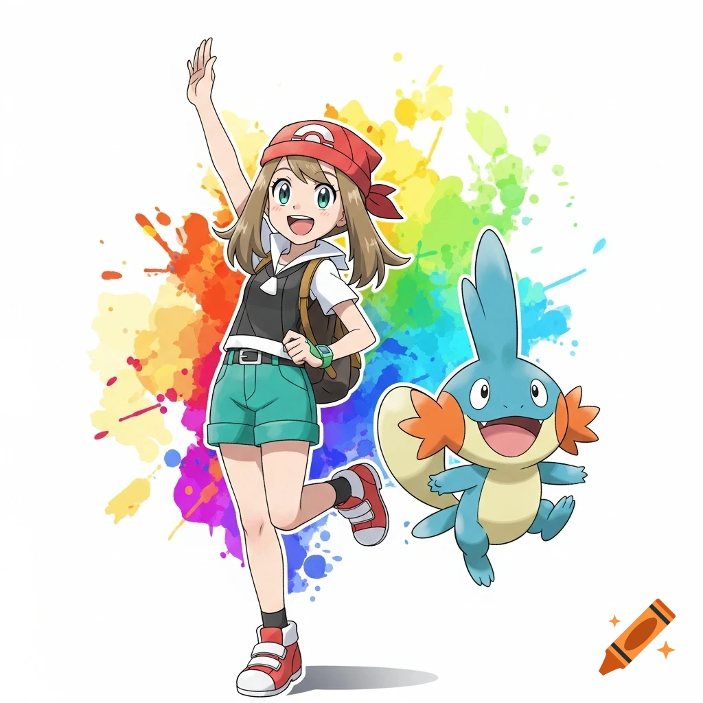 Anime style depiction of Pokemon trainer May waving and a happy Mudkip ...