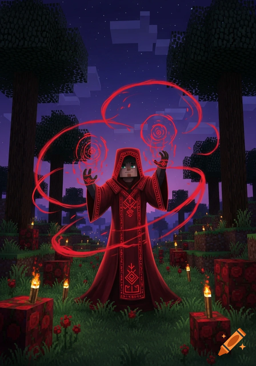 A Minecraft-style character in a red robe casts blood magic, with ...