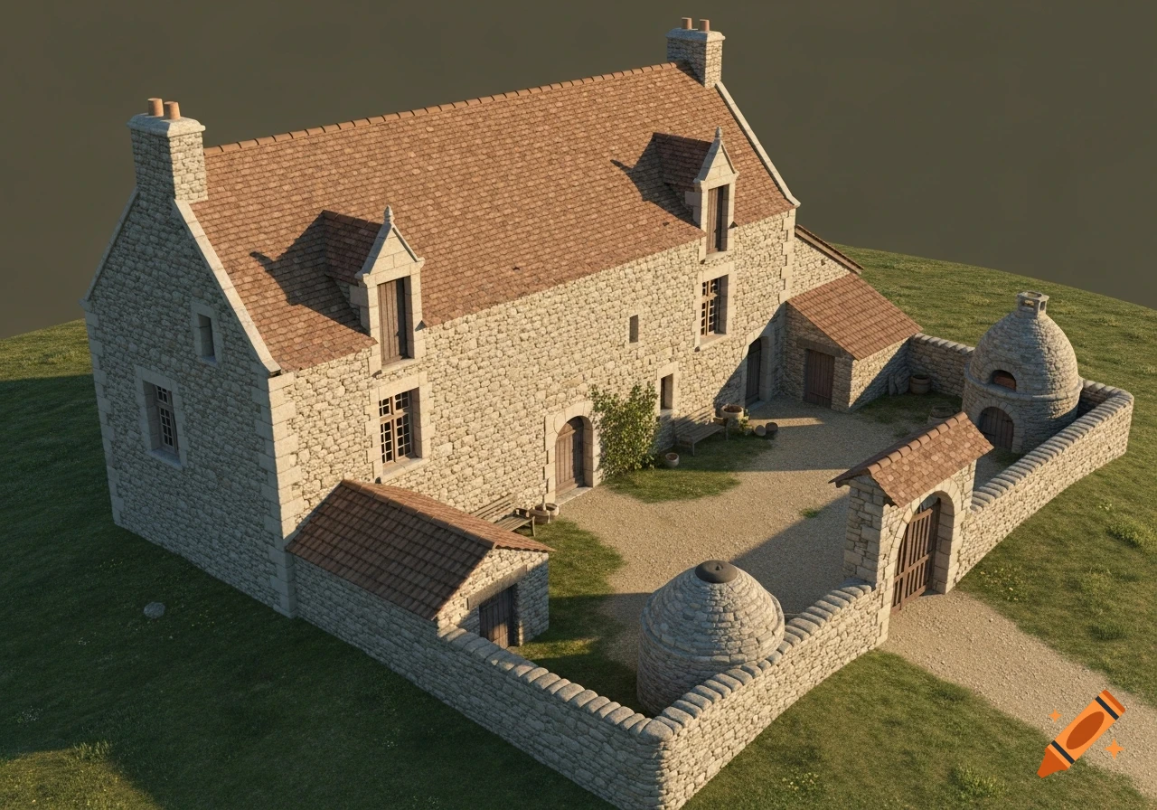 A realistic 3D render of a 13th-century fortified stone rural house ...