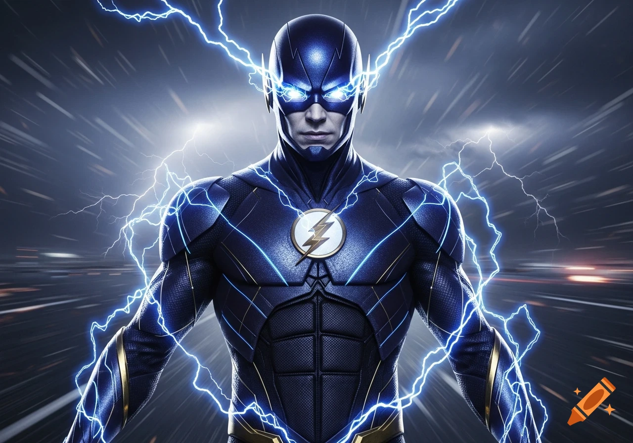 A superhero in a dark blue suit with a lightning bolt emblem, glowing ...