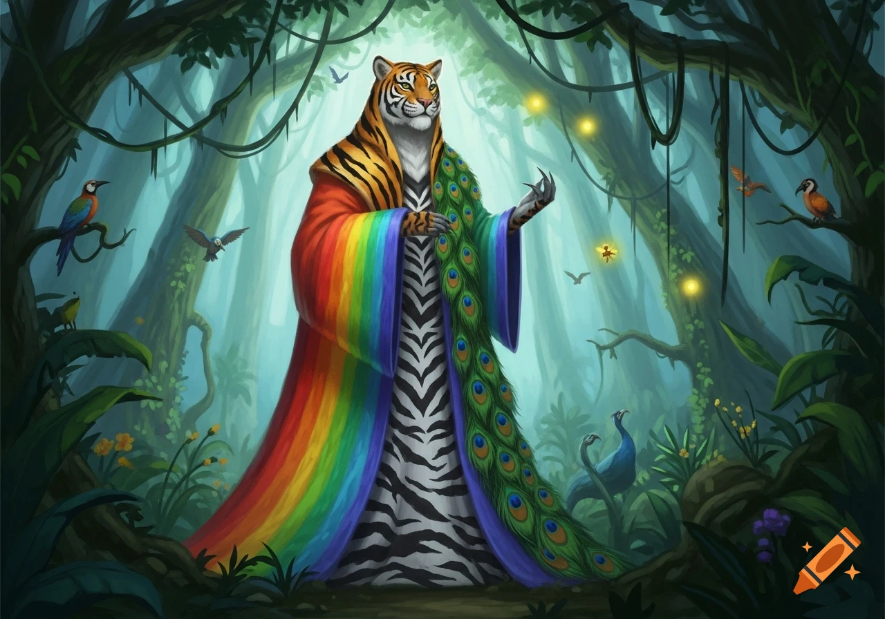 An anthropomorphic tiger wearing a rainbow and peacock feather cloak ...