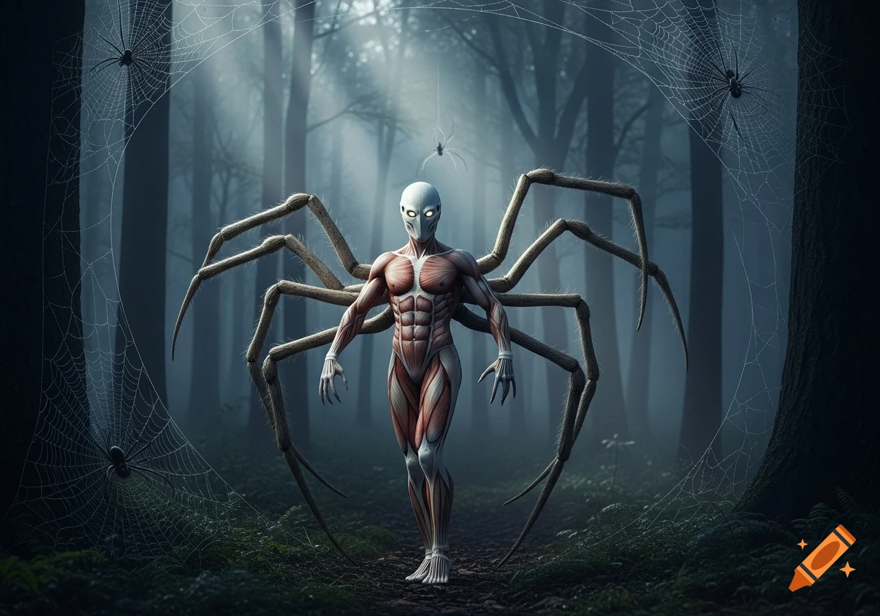Photorealistic image of a half-human, half-spider creature with exposed ...