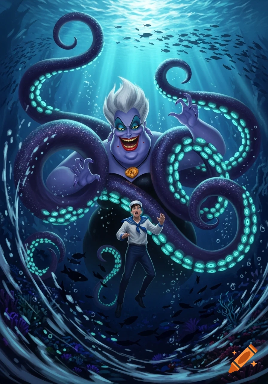 Cartoon illustration of a giant, menacing Ursula with glowing tentacles ...