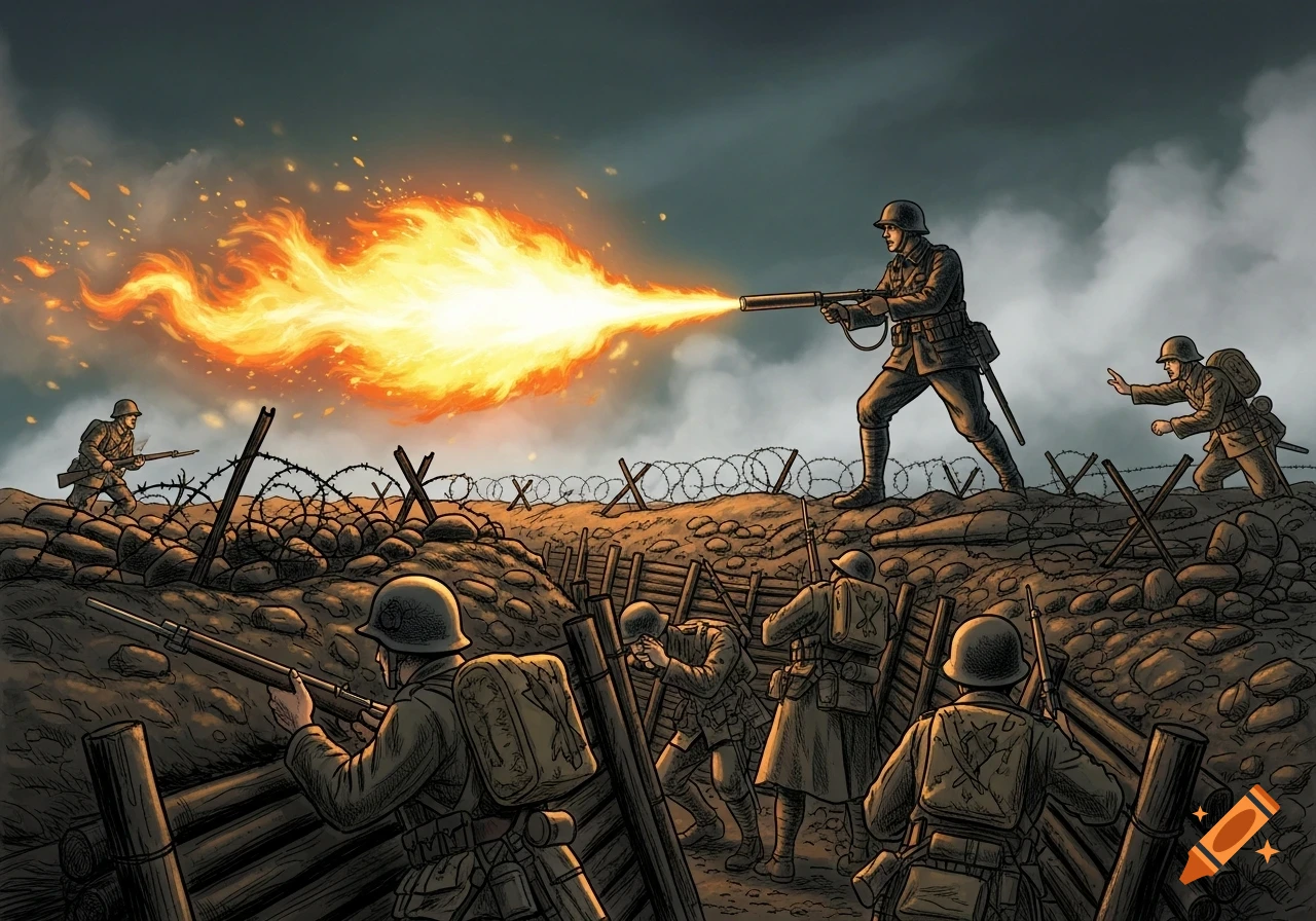 Comic illustration of WWI soldiers in a trench. A soldier uses a ...