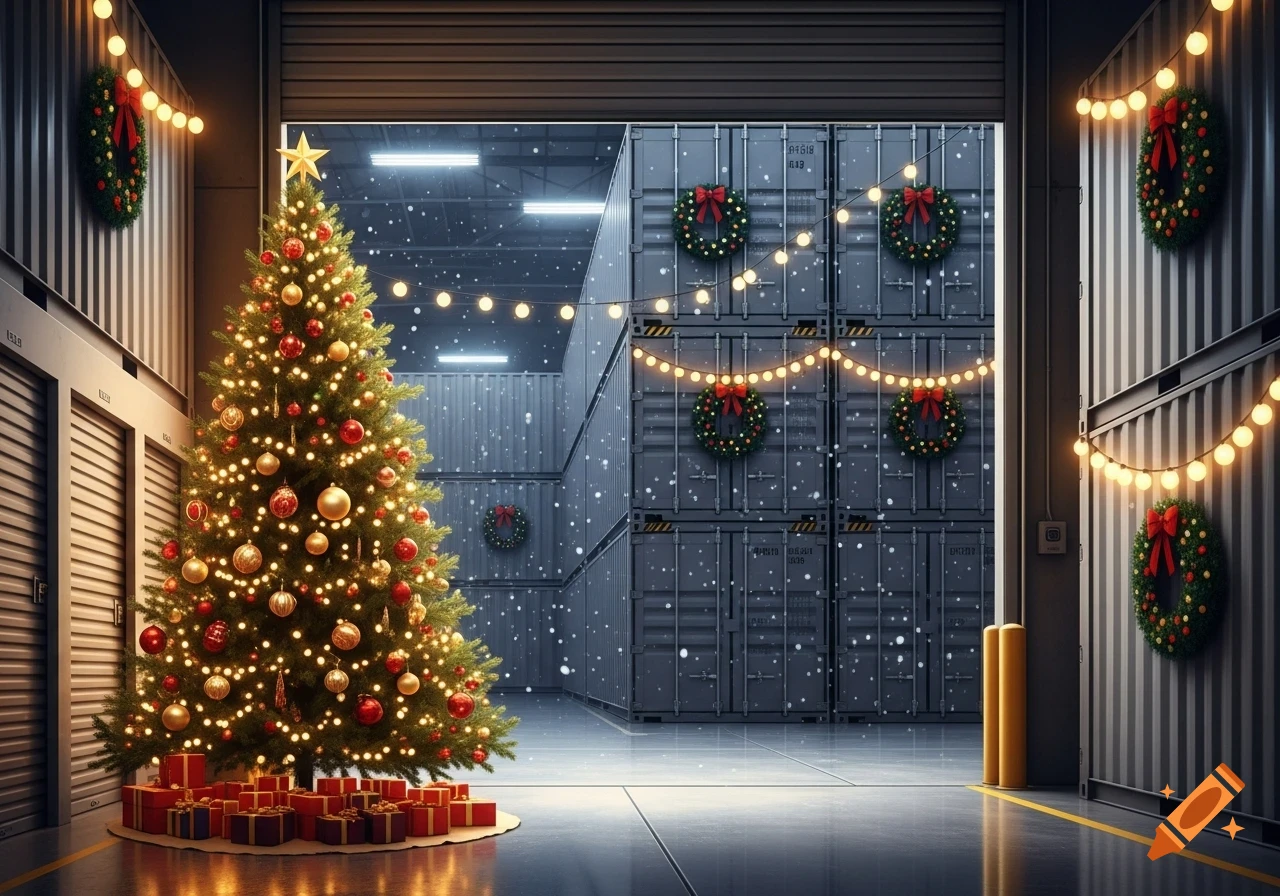 A festive Christmas tree with gifts stands inside a storage facility ...