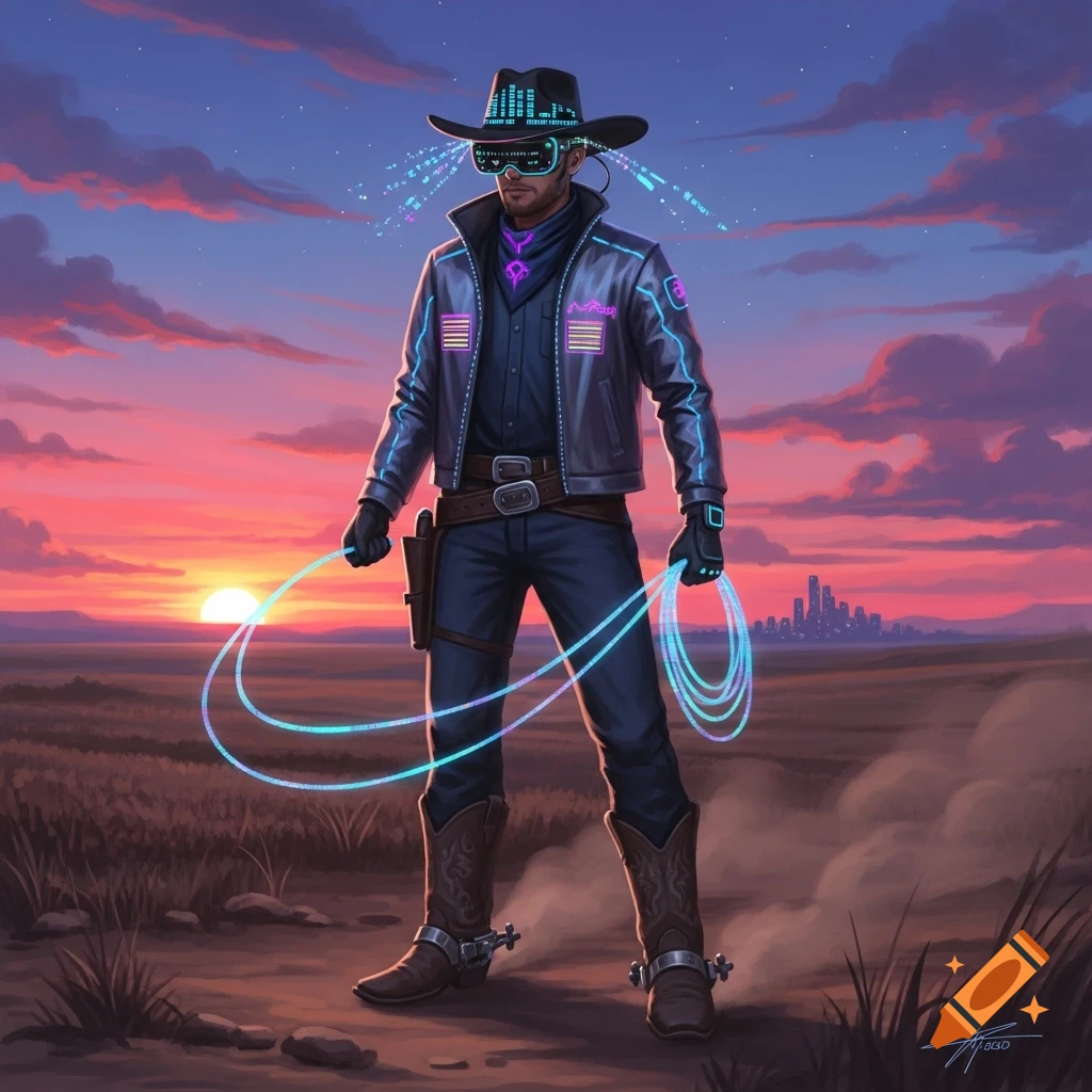 A futuristic cowboy with VR goggles and a neon-lit jacket stands in a ...