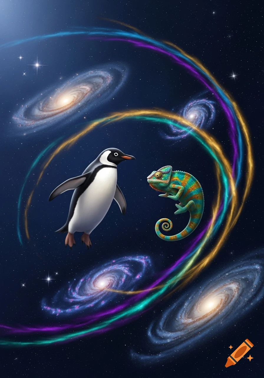 A penguin and a colorful chameleon float in deep space among spiral ...