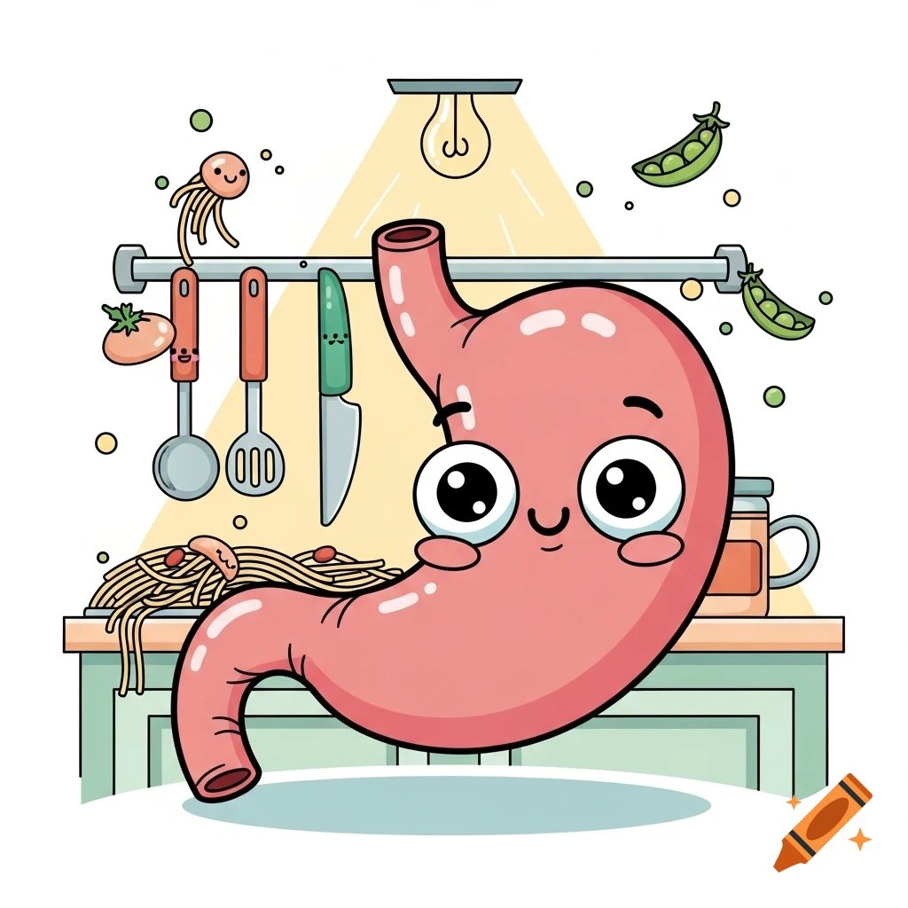 A happy, cartoon pink stomach with large eyes sits on a kitchen counter ...