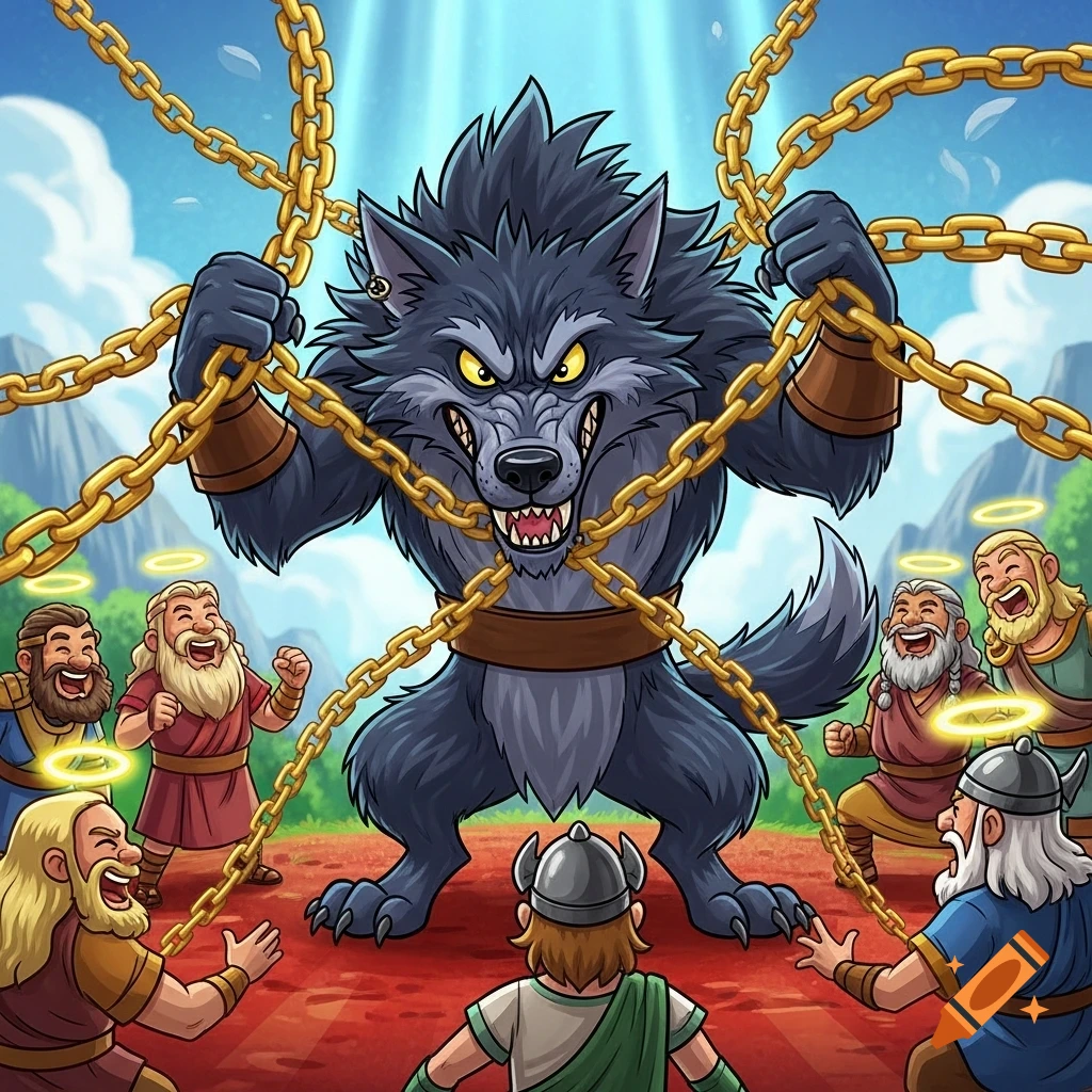 A cartoony image of Fenrir, a large grey wolf, chained and snarling ...