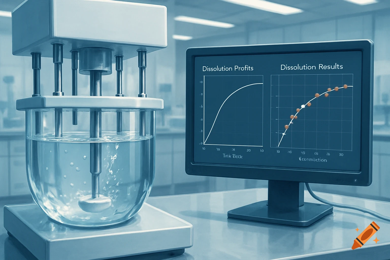 A pharmaceutical dissolution apparatus with clear liquid next to a ...