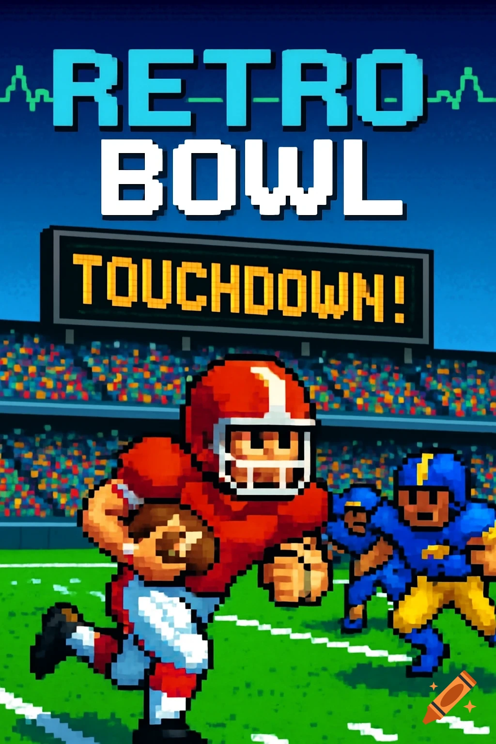 8-bit pixel art football game start screen with players, a scoreboard ...