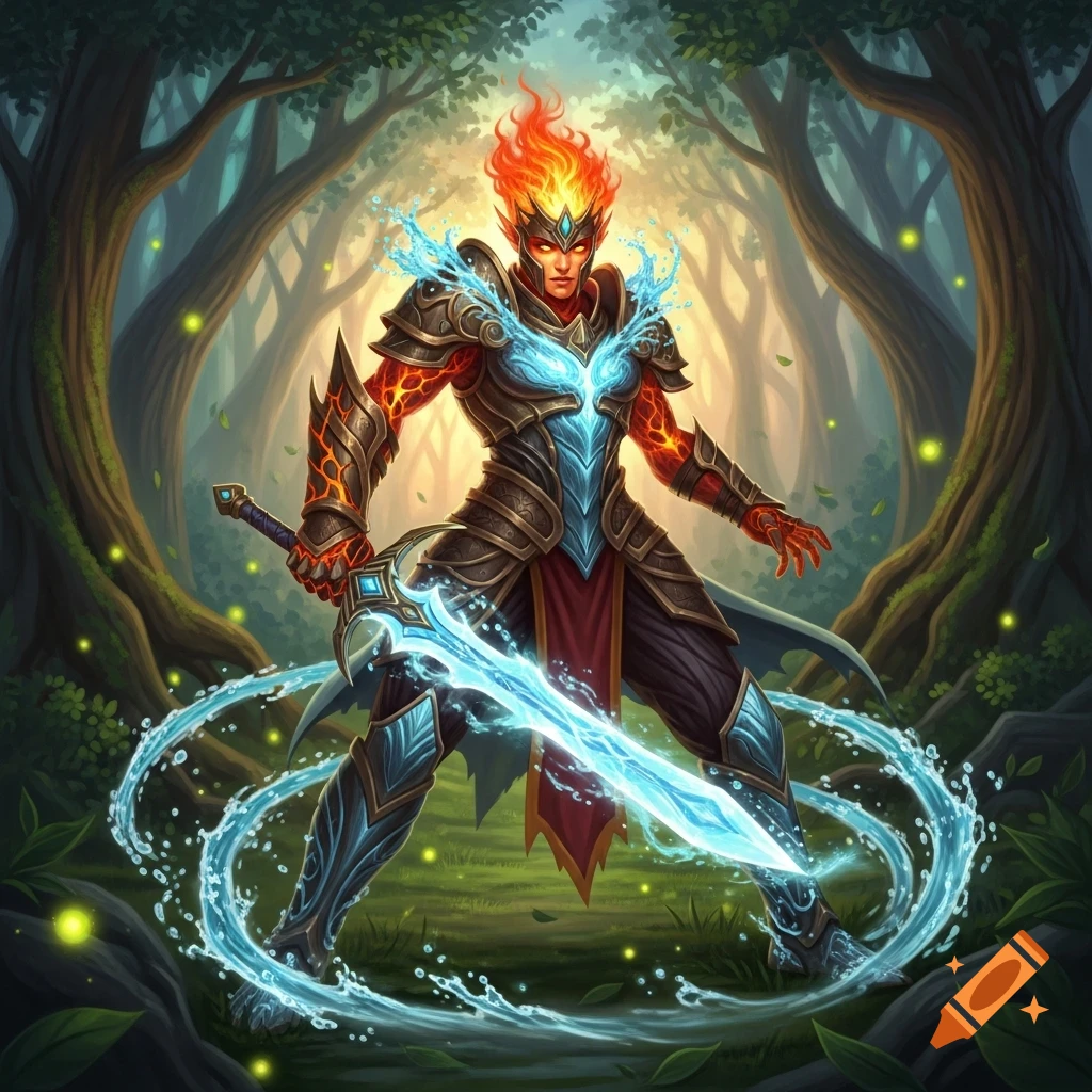 An elemental warrior with fiery hair and glowing skin, clad in armor ...