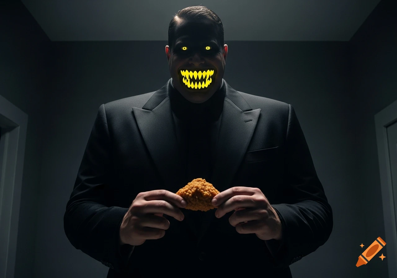 A man in a black suit with glowing yellow eyes and sharp, glowing ...