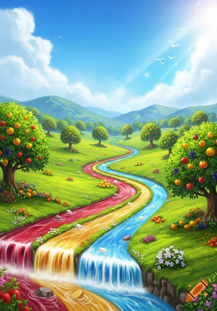 A vibrant, fantastical landscape with a multi-colored river flowing ...