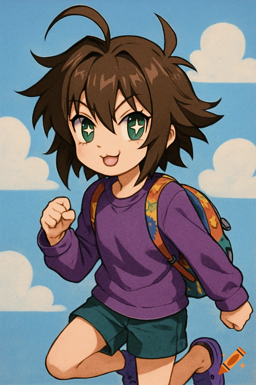 Moe anime style girl with messy brown hair, green star-pupil eyes ...