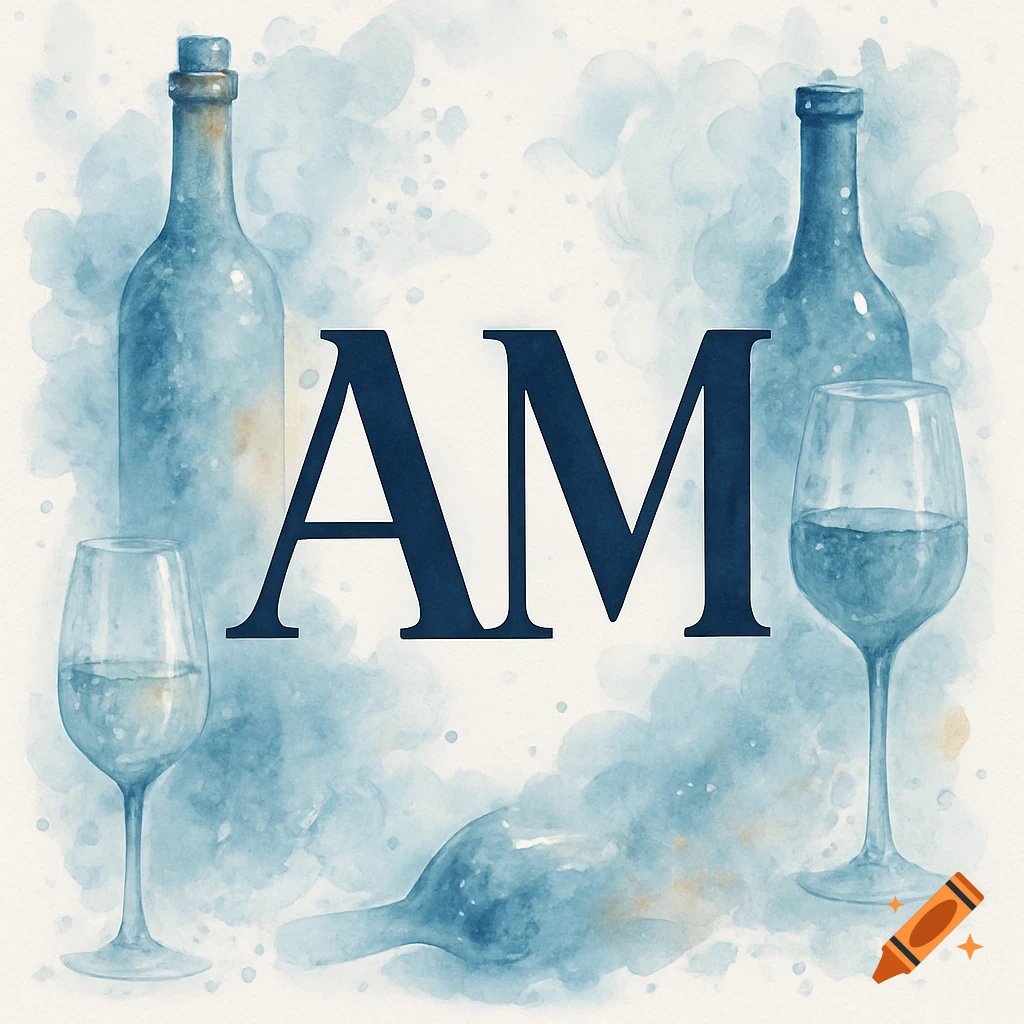 Large stylized 'AM' initials in dark blue, surrounded by watercolor ...