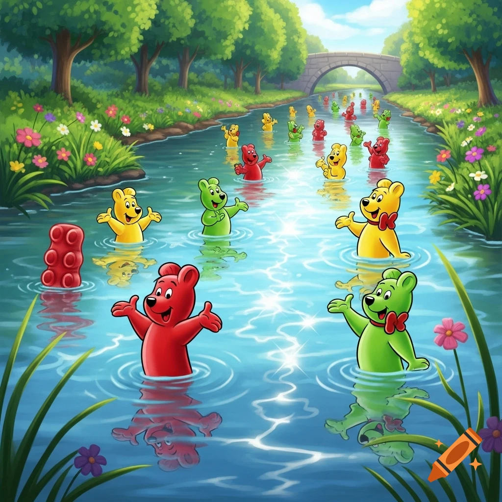 Cartoon red, green, and yellow gummy bears swim in a river lined with ...