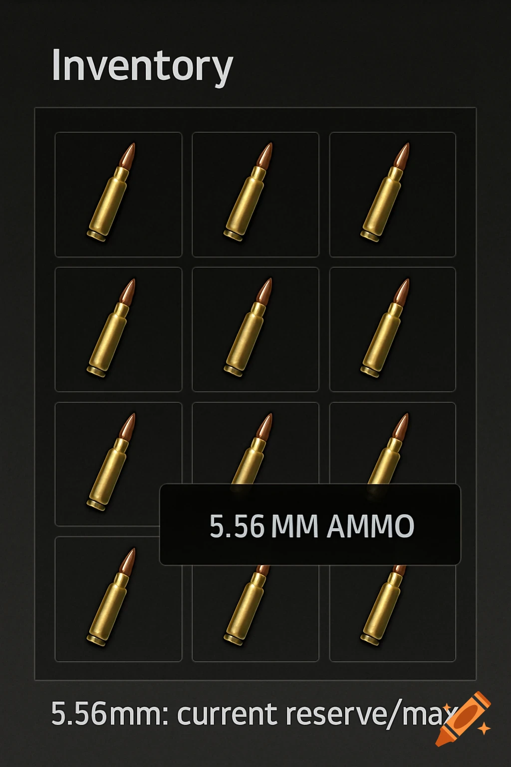 A game inventory screen with a "Inventory" title, 10 slots filled with ...