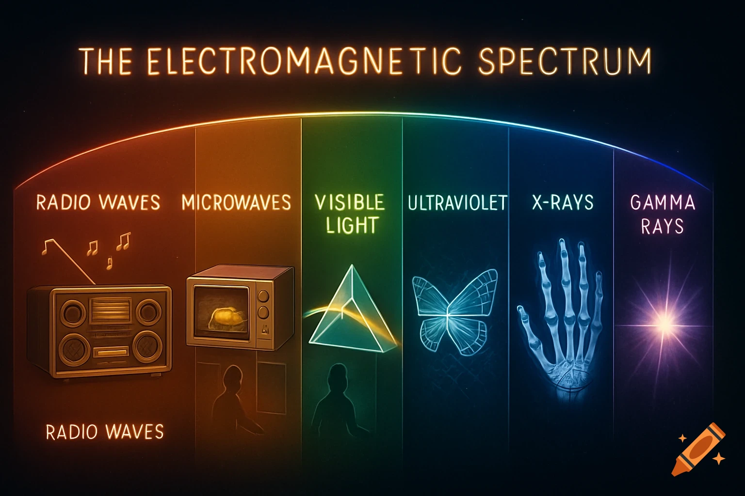Illustrated diagram of the electromagnetic spectrum showing radio waves ...