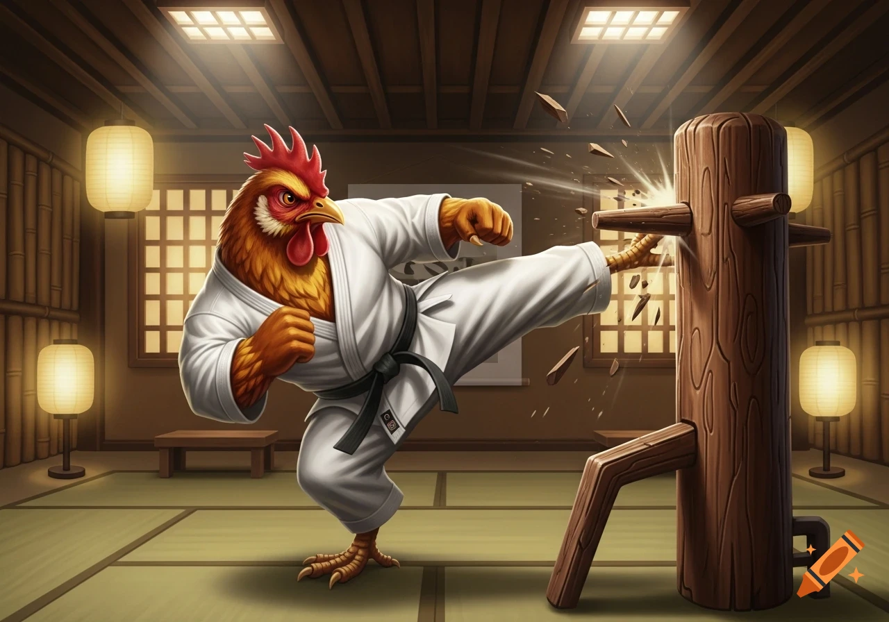 An anthropomorphic chicken in a white karate gi delivers a powerful kick to a wooden dummy in a ...
