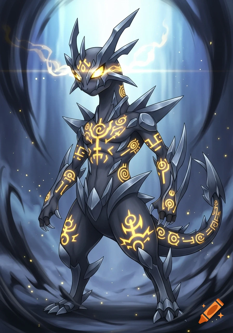 A dark gray, spiky lizard-like creature with glowing yellow eyes and ...