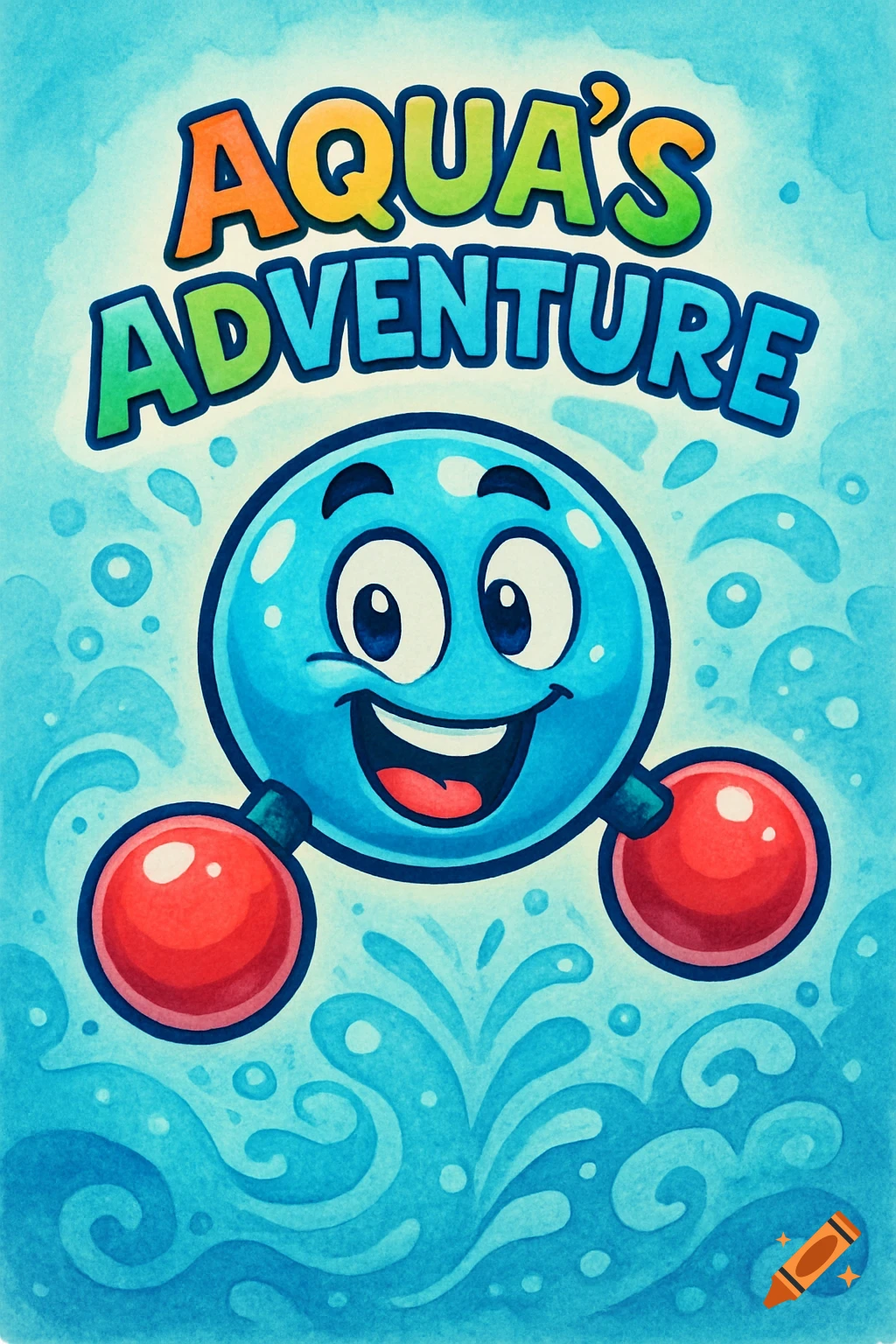 A cheerful blue cartoon water molecule character with red atoms, beneath the colorful text 'AQUA ...