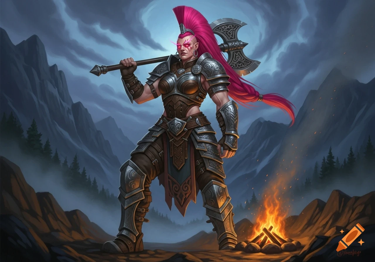 Armored goliath warrior woman with a fuchsia mohawk, glowing eyes, and ...