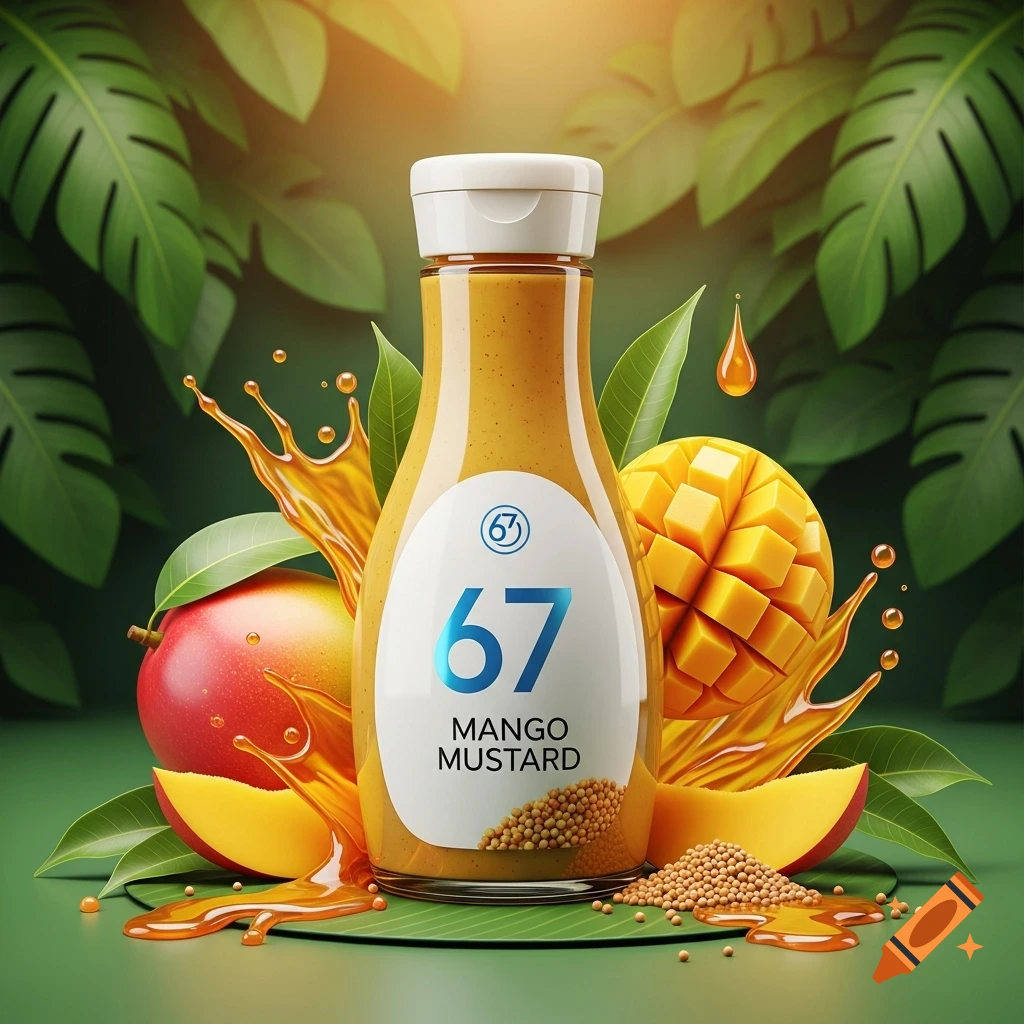 A photorealistic image of a bottle of 67 Mango Mustard surrounded by ...