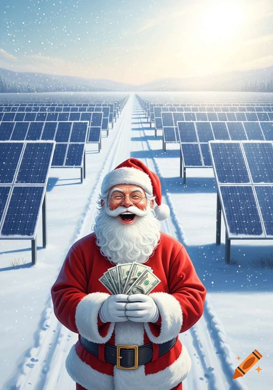 A laughing Santa Claus stands in a snowy field with rows of solar ...