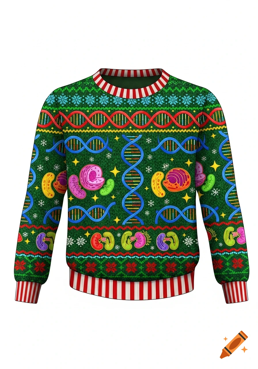 A green ugly holiday sweater adorned with colorful DNA strands, cell ...