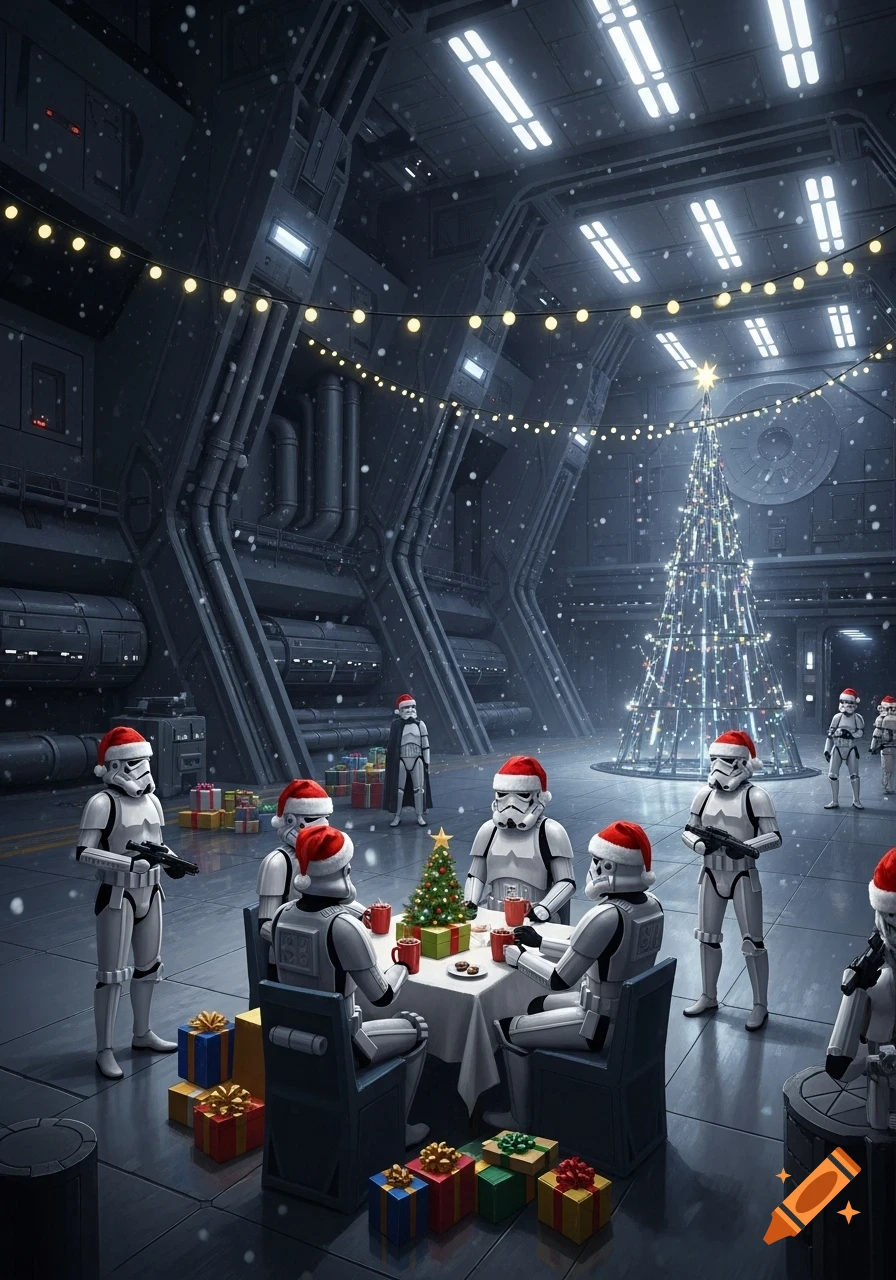 Stormtroopers in Santa hats celebrate Christmas in a snowy Death Star ...