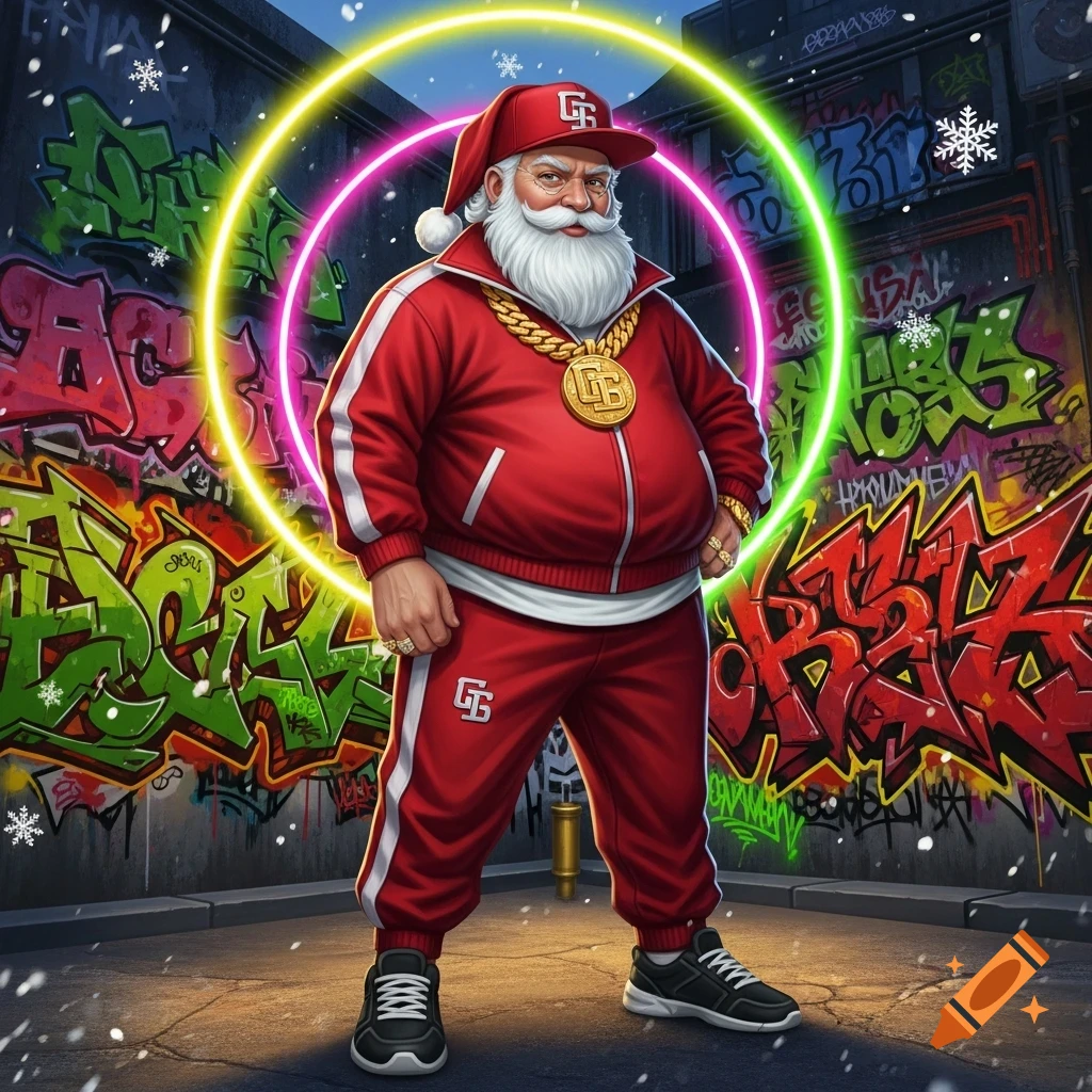 Santa Claus dressed as a gangsta rapper in a red tracksuit, gold chain ...
